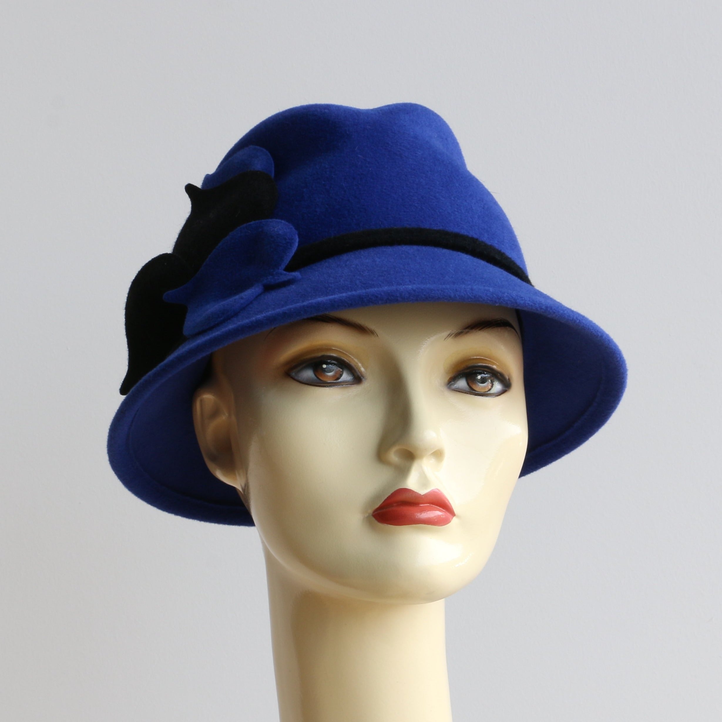 Ladies Wool Velour Hat with Decorative Leaf Trim - Lapis & Black – Ella ...